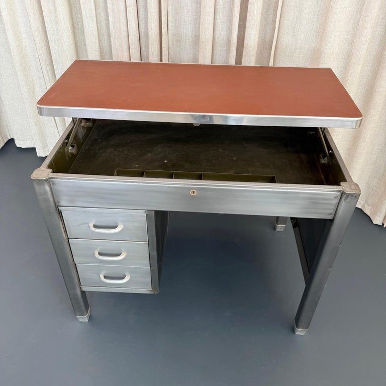 Industrial Mid-Century Brushed Steel Military Desk Leather Pop Top ...