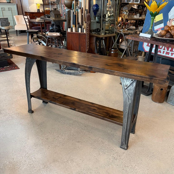 Vintage Custom Industrial Maple Wood Console Work Table Cast Iron Base ...