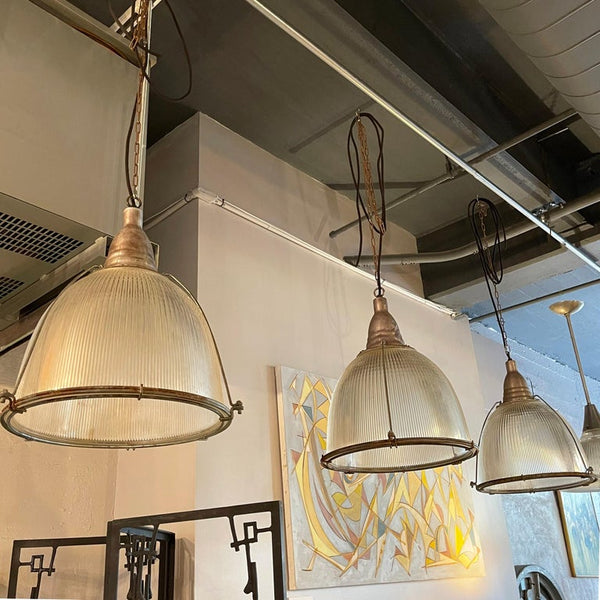 Vintage Industrial Factory Caged Holophane Glass Pendant Lights ...