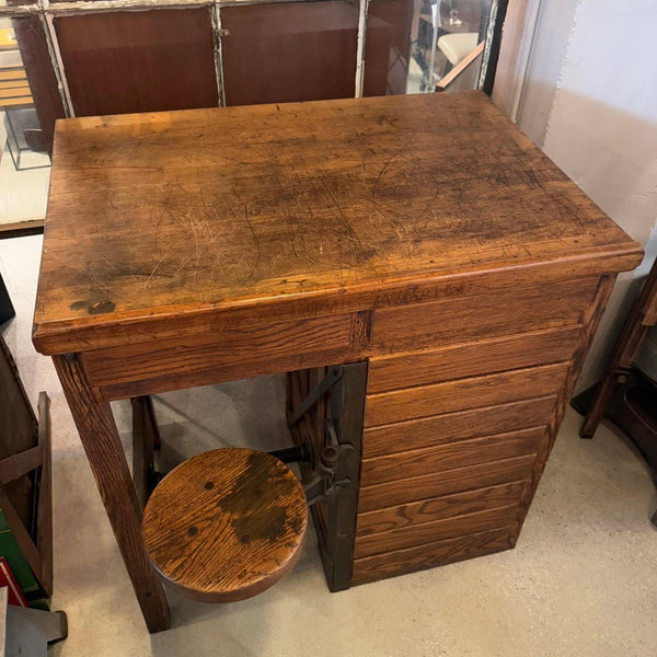 Antique Industrial Oak Wood Typesetter Desk With Swing-Out Seat ...